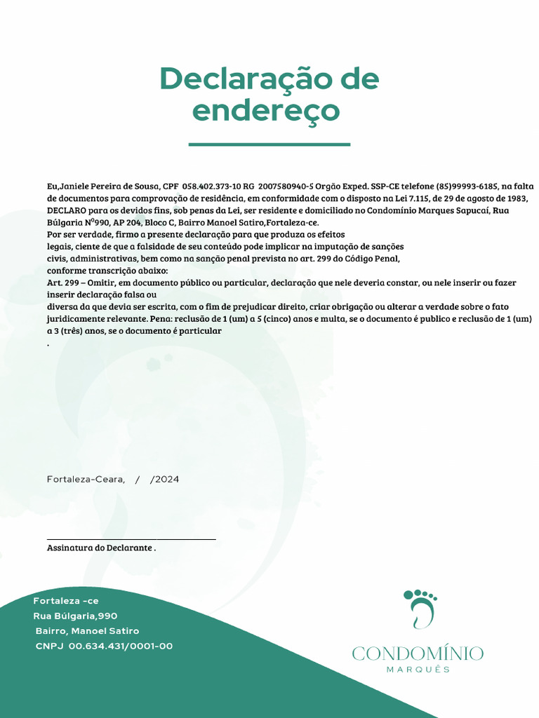 Papel Timbrado De Declaração De Comparecimento Podologia 20240830