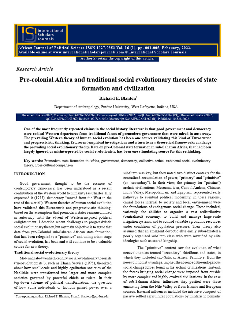 Precolonial Africa and Traditional Social Evolutionary Theories of ...