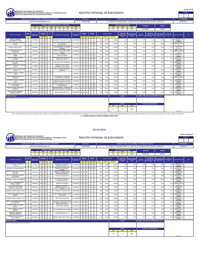 Registro IVSS Forma 13-12 | PDF
