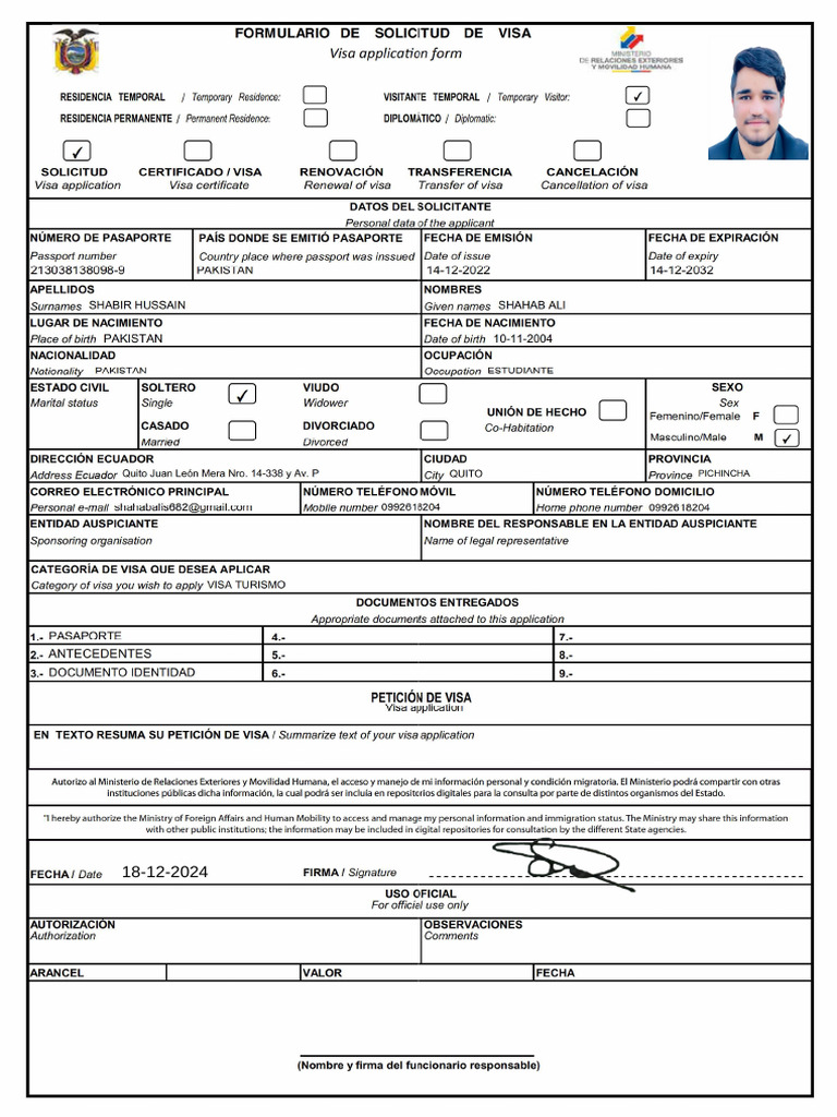 Formulario de Solicitud de Visa Ecuador | PDF