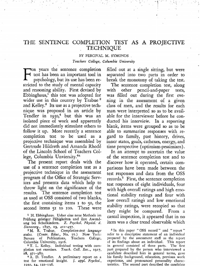 The Sentence Completion Test As A Projective Technique | PDF | Attitude ...