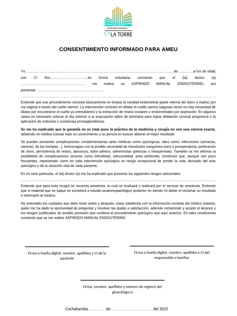Consentimiento Informado para AMEU | PDF | Útero | Anestesia