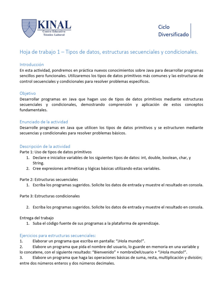 HT1 Estructuras Secuenciales Operadores Condicionales | PDF | Java (lenguaje de programación ...