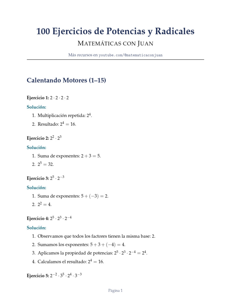 100 Ejercicios Potencias Radicales Matematicas Con Juan | PDF | Raíz cuadrada | Exponenciación