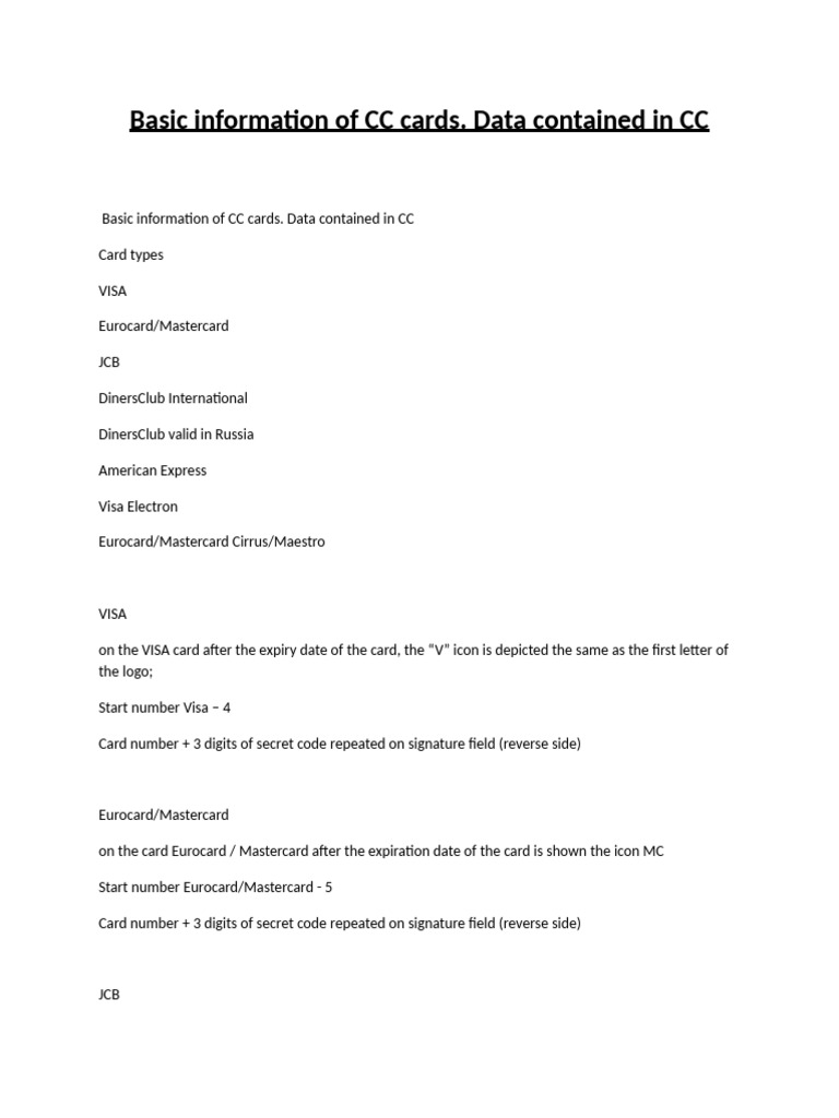UK US de Basic Information of CC Cards Data Contained in CC | PDF ...