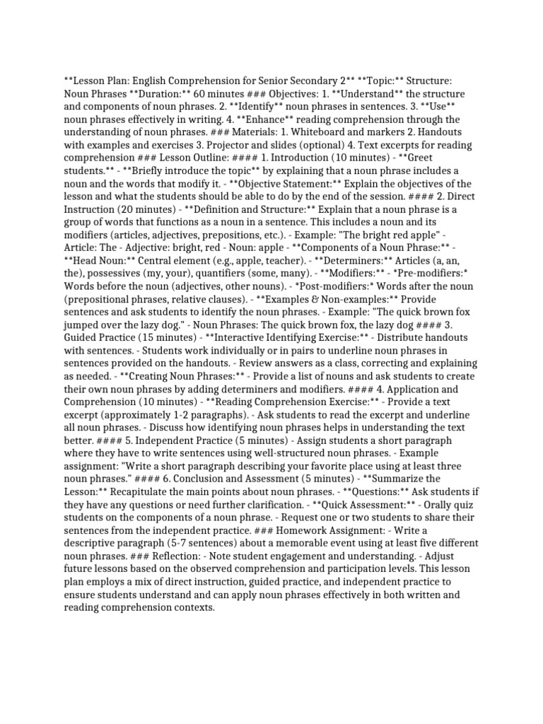Lesson Plan For English Comprehension Senior Secondary 2 Title ...