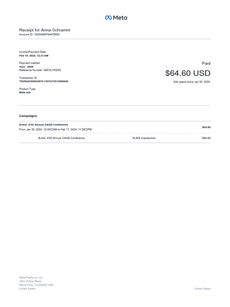 Facebook Ad Receipt 2.19.24 (Pt. 1) | PDF