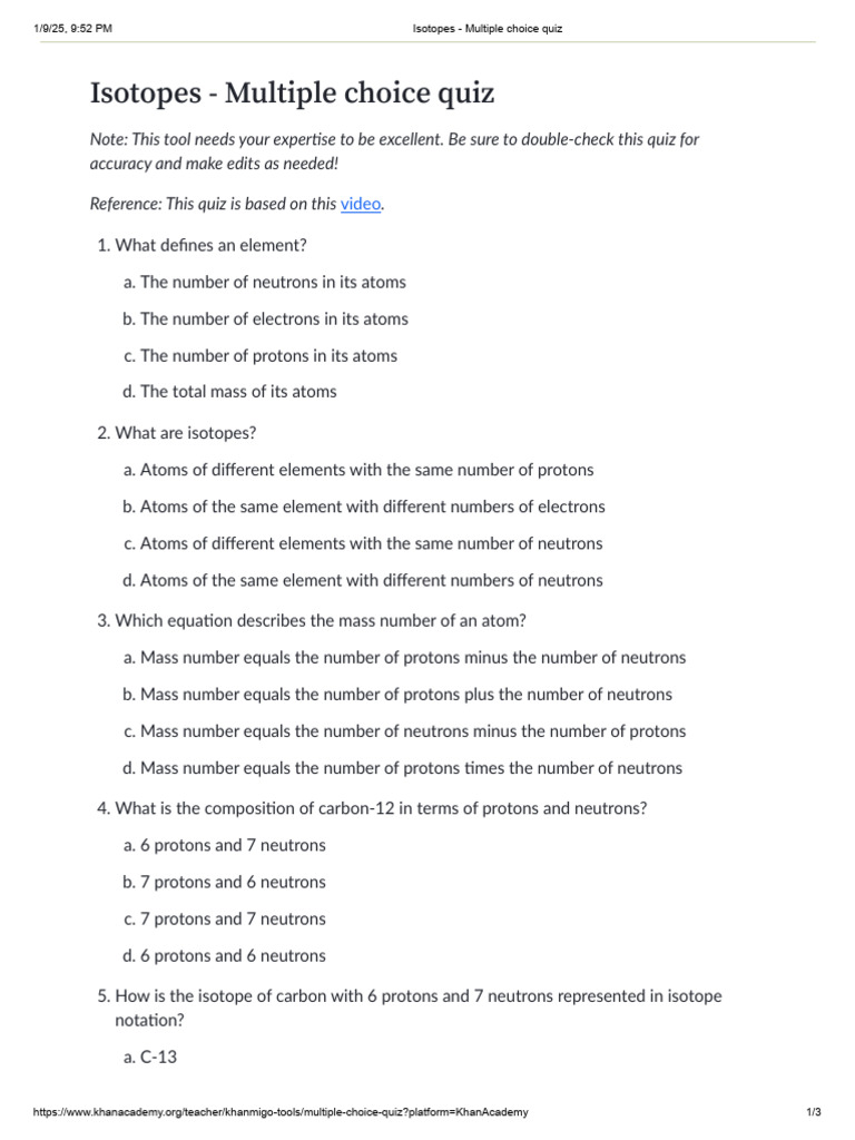Isotope Quiz: Test Your Knowledge | PDF | Isotope | Proton