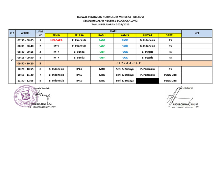 Jadwal Pelajaran Kelas 6 | PDF