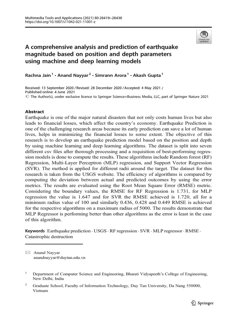 A Comprehensive Analysis and Prediction of Earthquake Magnitude Based ...