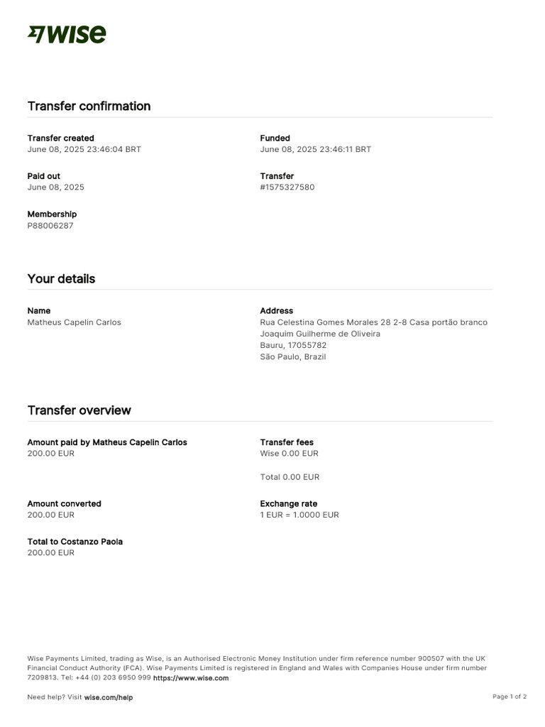 Wise Transfer Confirmation Transfer 1575327580 250608 235003 | PDF ...