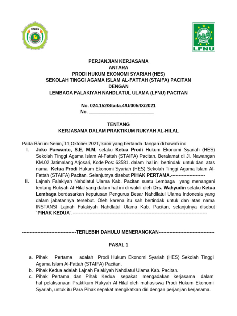 MOU Praktikum Rukyah Al Hilal - Prodi Dengan LFNU | PDF