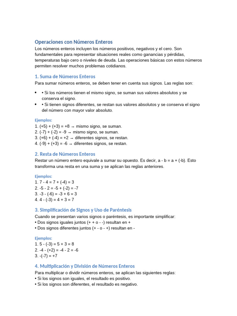 Operaciones Básicas con Números Enteros | PDF