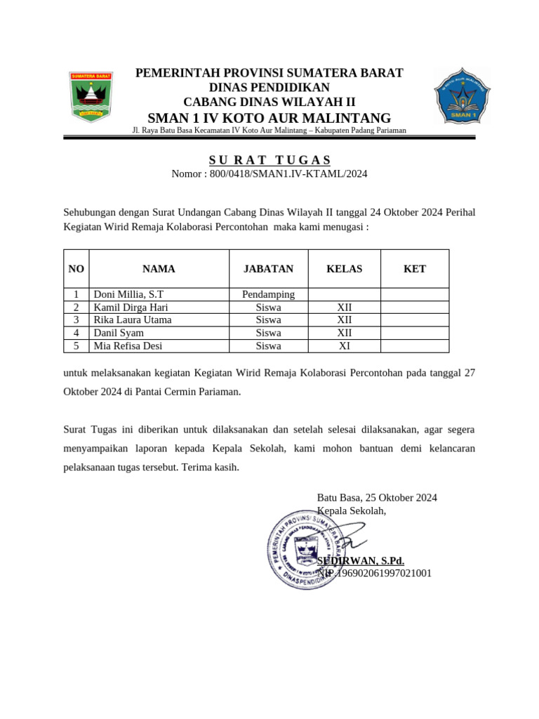 Surat Tugas Siswa | PDF