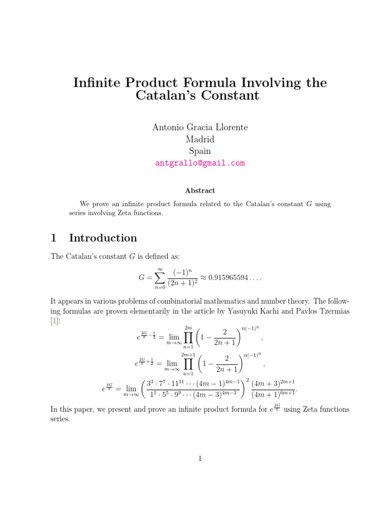 Infinite Product Formula for Catalan's Constant | PDF | Pi | Infinity