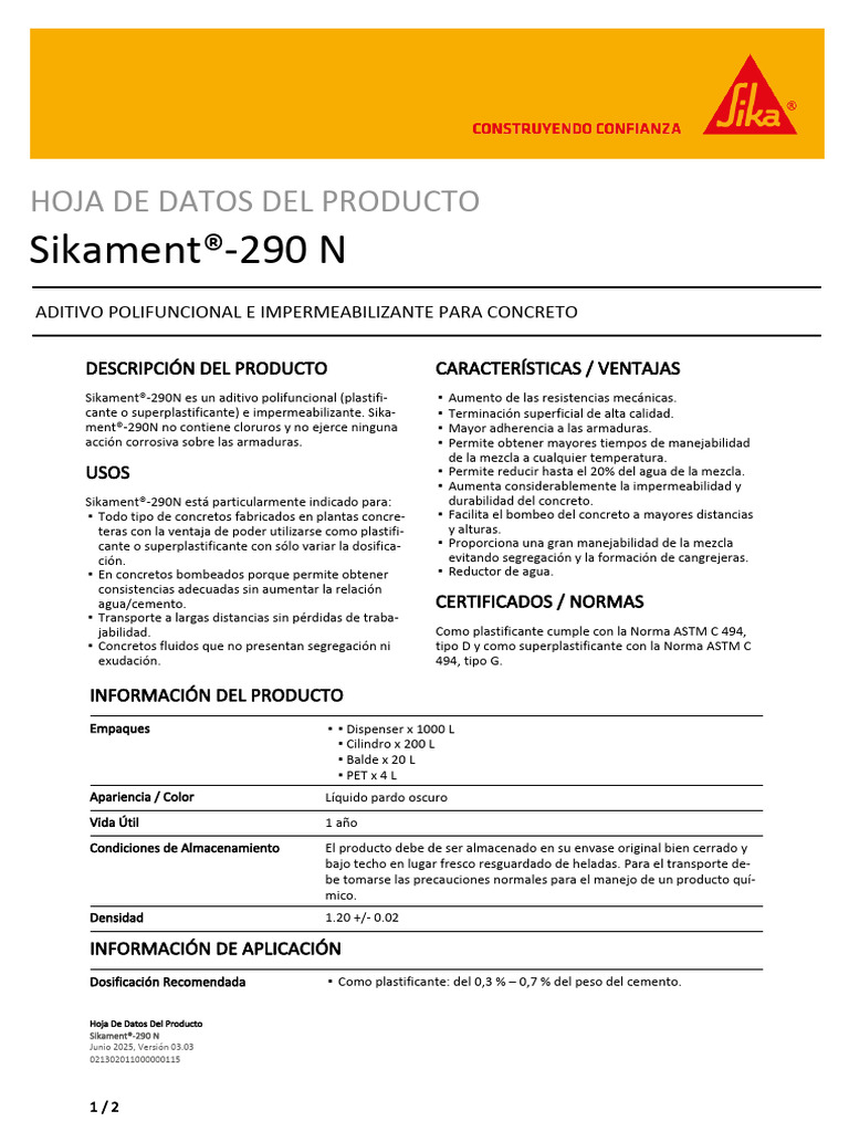 Sikament®-290 N: Aditivo para Concreto | PDF | Hormigón | Materiales