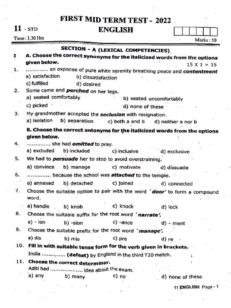 11th English 1st Mid Term Exam 2022 Question Paper Ramnad District English Medium PDF Download | PDF