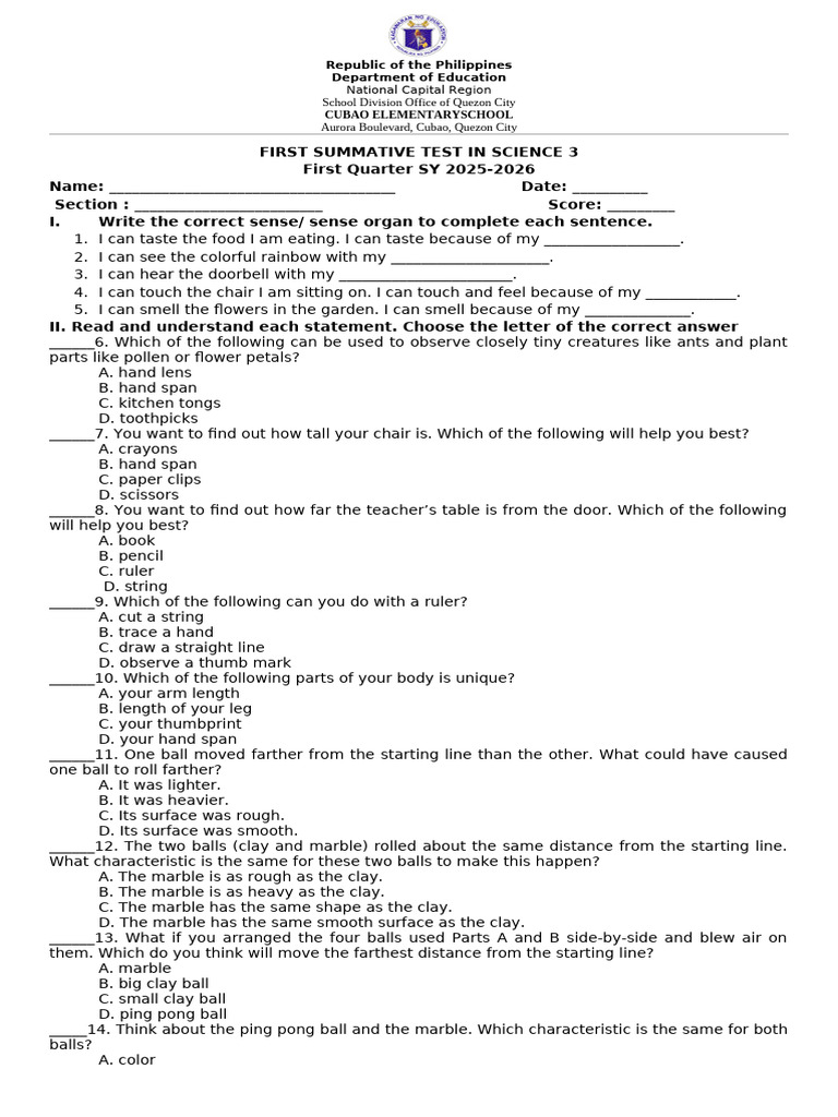 Science 3 First Summative Test | PDF