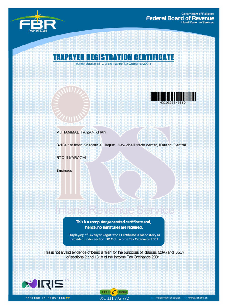 FBR Registration Certificate | PDF