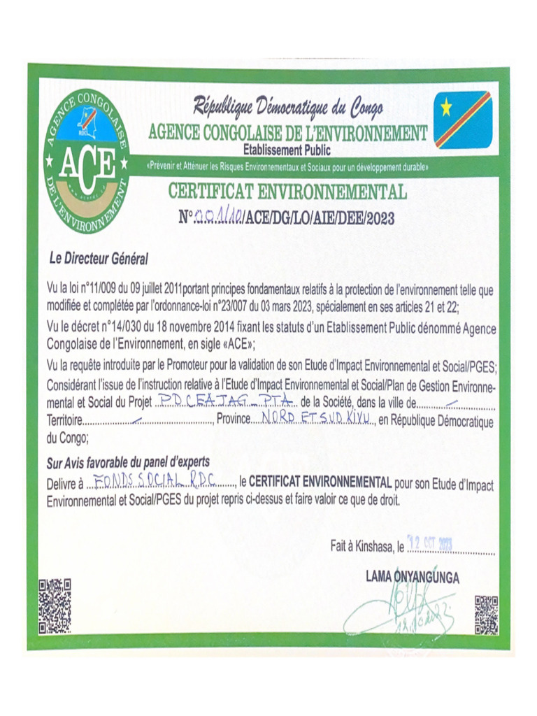 Certificat de Validation EIES Nord Et Sud Kivu Par Lace | PDF