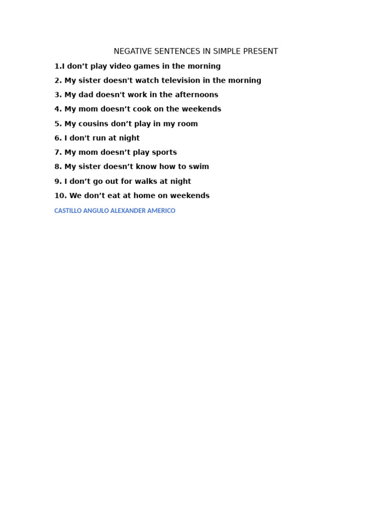 Negative Sentences in Simple Present | PDF