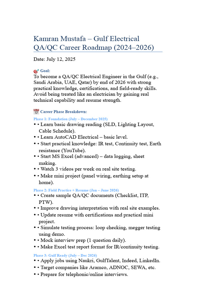 Kamran QAQC Roadmap 2024 To 2026 | PDF | Electrical Engineering