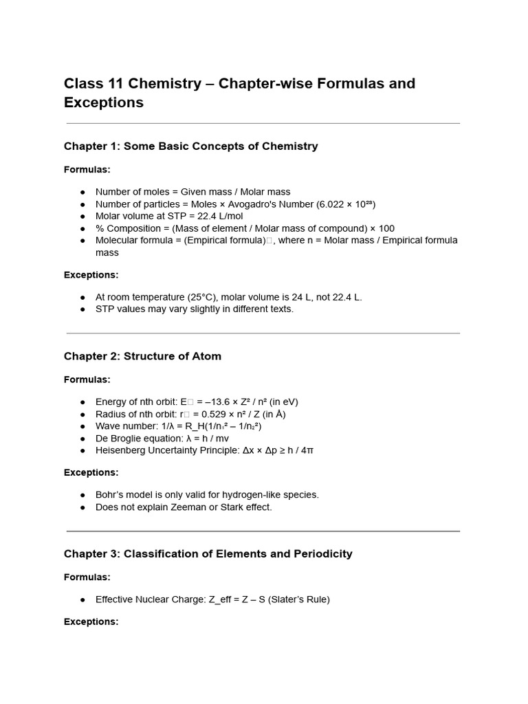 Class 11 Chemistry - Chapter-Wise Formulas and Exceptions | PDF | Mole (Unit) | Gases