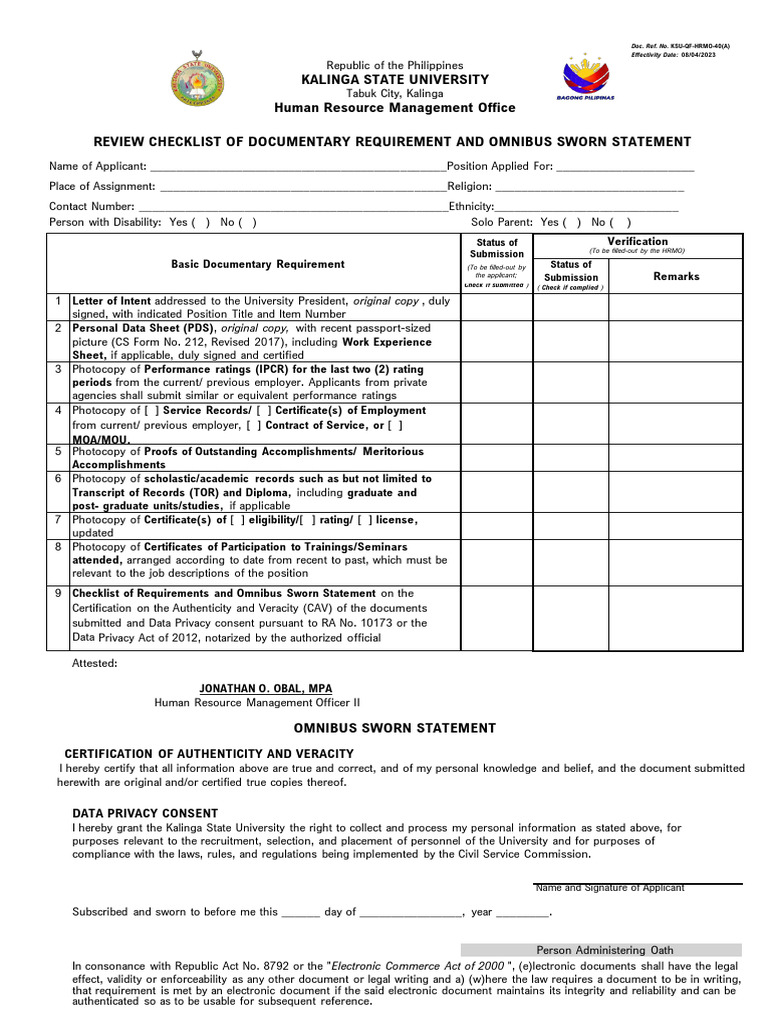 KSU QF HRMO 40A Checklist of Applicant Requirements and Omnibus Sworn ...