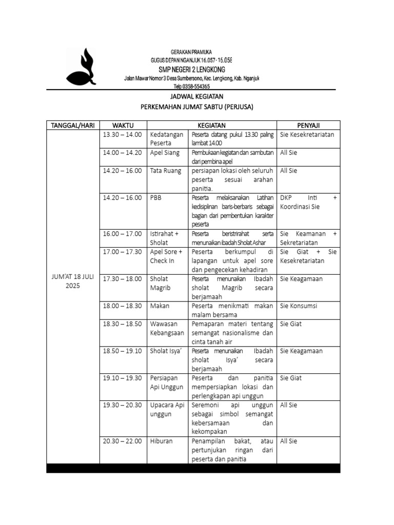 Jadwal Kegiatan Perkemahan Perjusa 2025 | PDF