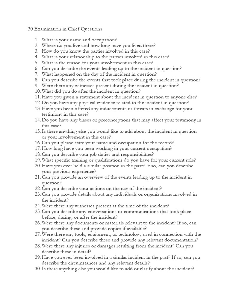 30 Examination in Chief Questions | PDF | Witness | Chess