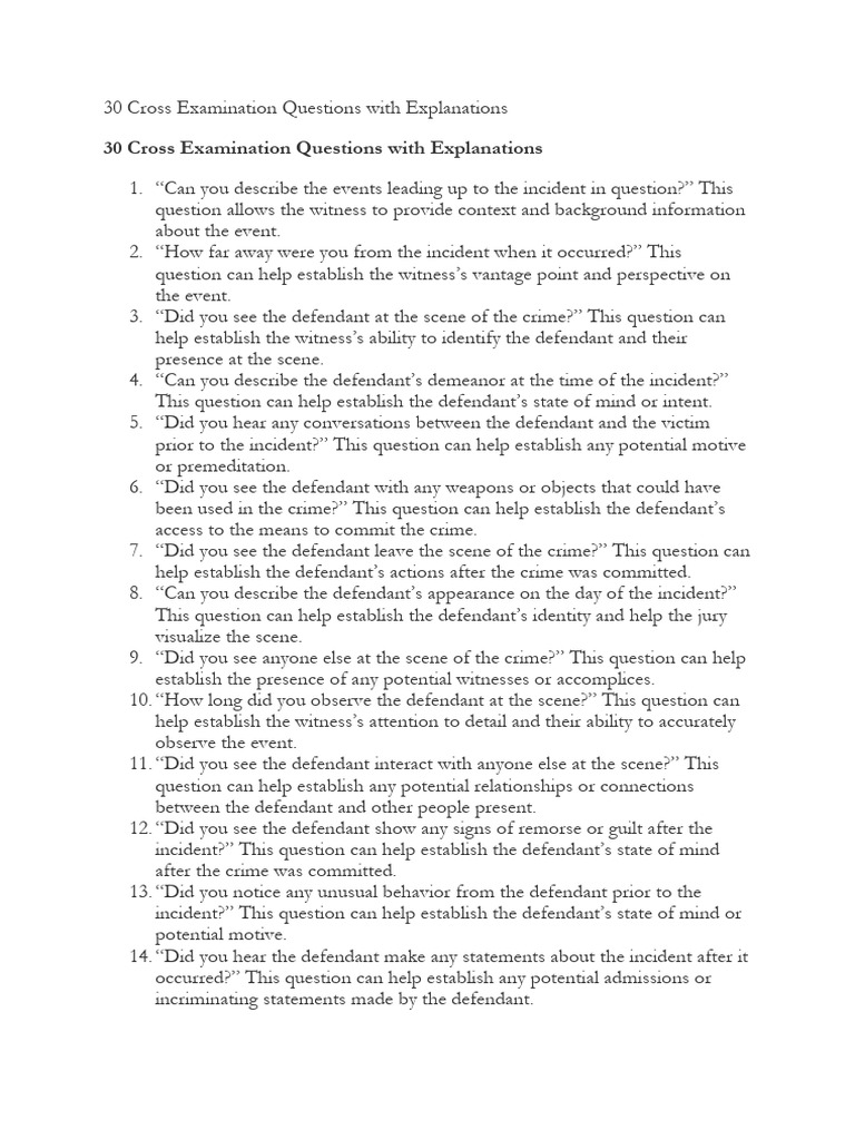 30 Cross Examination Questions With Explanations | PDF | Witness ...