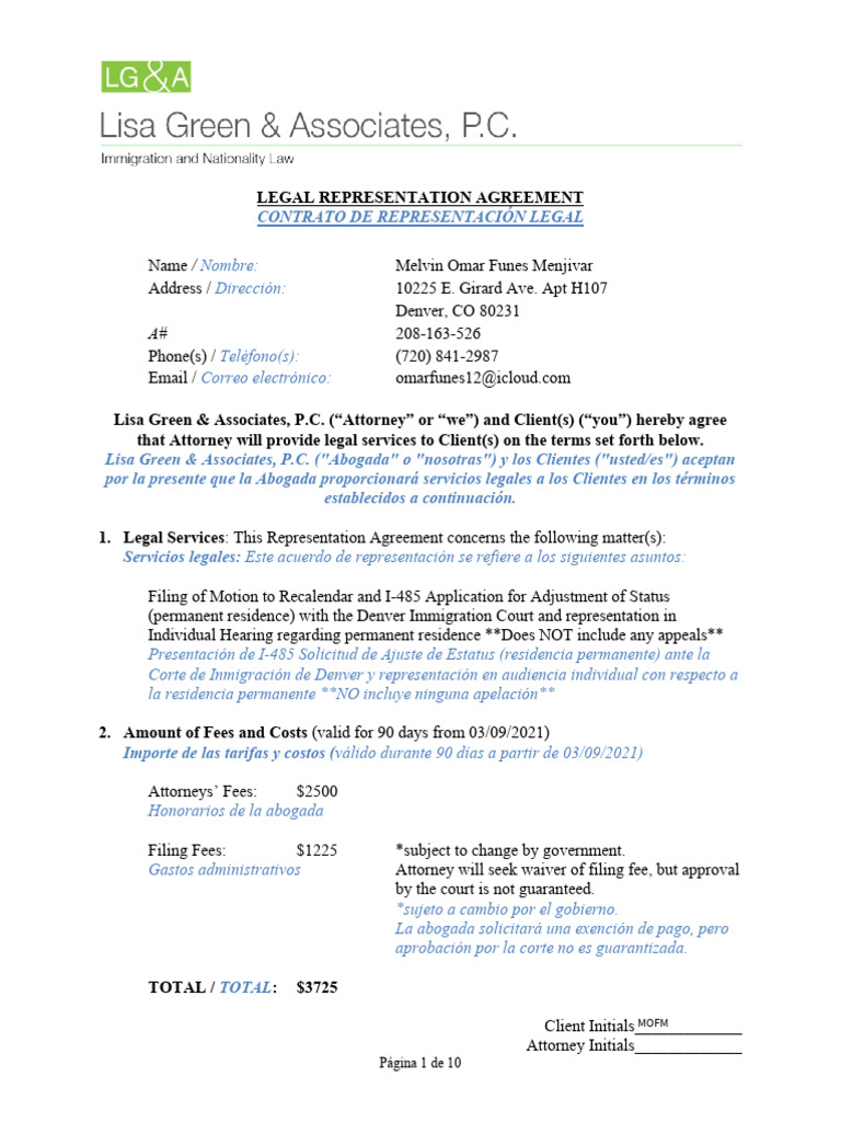 CONTRATO de REPRESENTACION - Melvin Omar Funes Menjivar - AOS in Proceedings - Encrypted | PDF ...