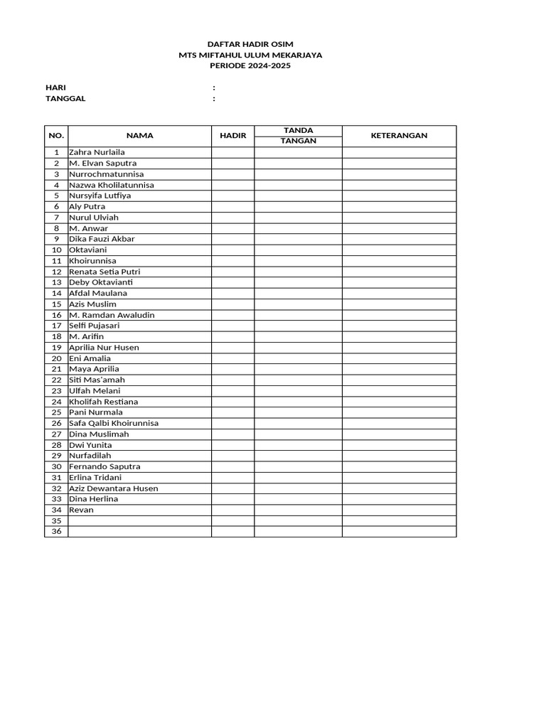 Daftar Hadir Osim 2024-2025 | PDF