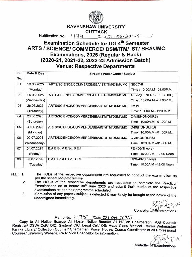 Notice For Ug (4th) Semester Examination Programme - 2025 (R&B) | PDF