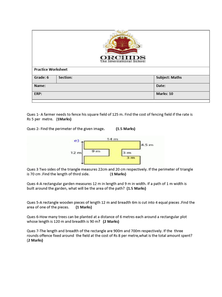 Grade 6 Maths Practice Worksheet PDF | PDF | Length | Area