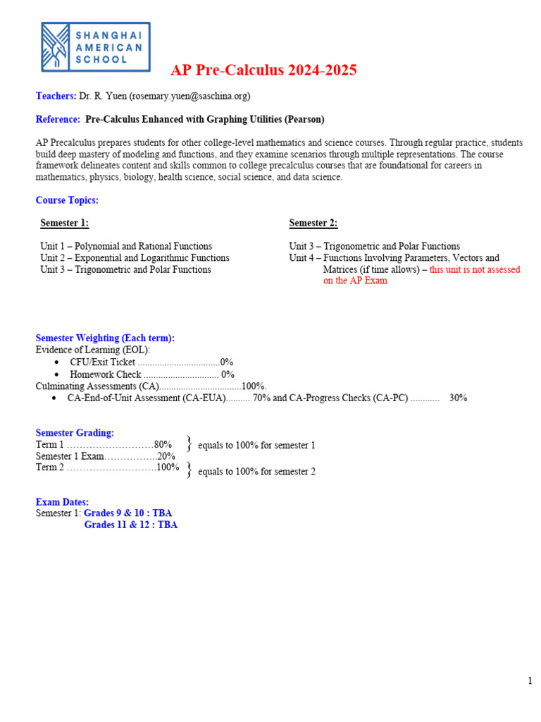 AP+Pre Calculus+2024 2025+Course+Syllabus+ | PDF | Teachers | Precalculus