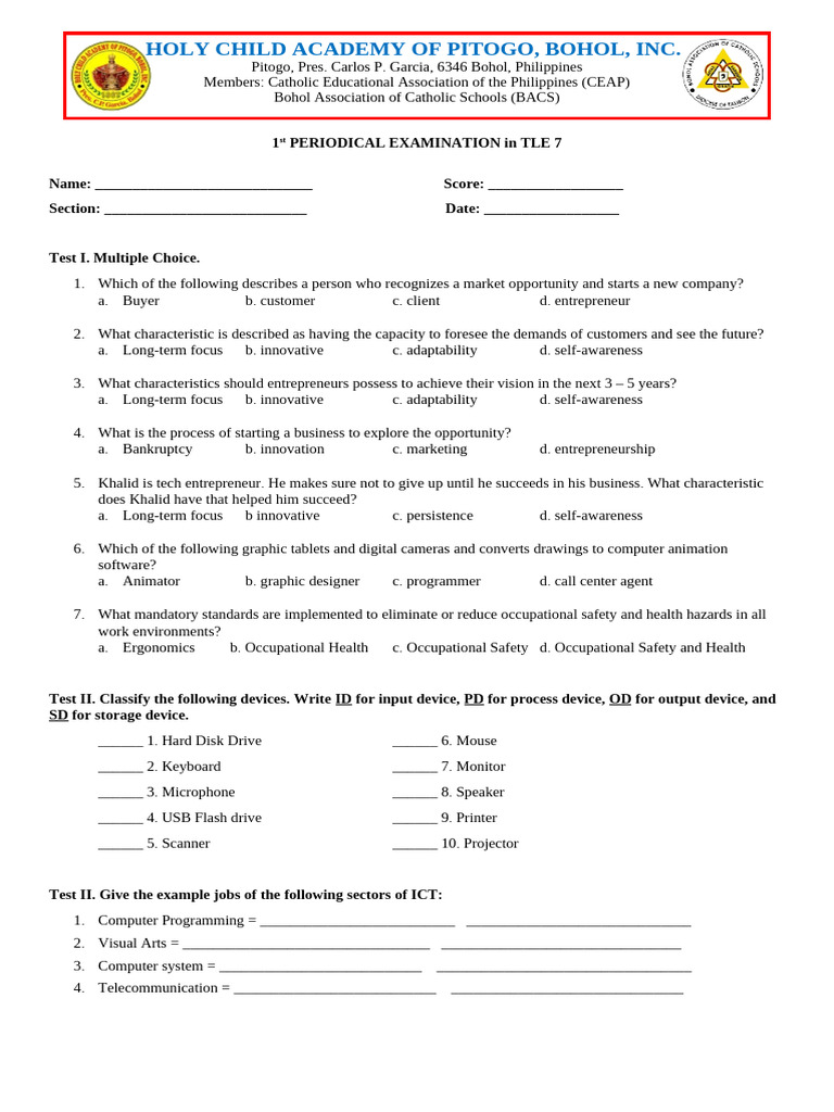 TLE 7 Periodical Exam Guide | PDF | Entrepreneurship | Computer Hardware