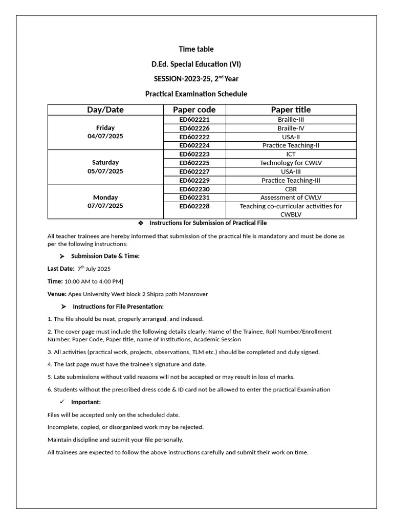 D.Ed. Practical Exam Schedule 2025 | PDF