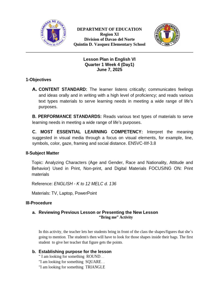 Department of Education Region XI Division of Davao Del Norte Quintin D. Vasquez Elementary ...