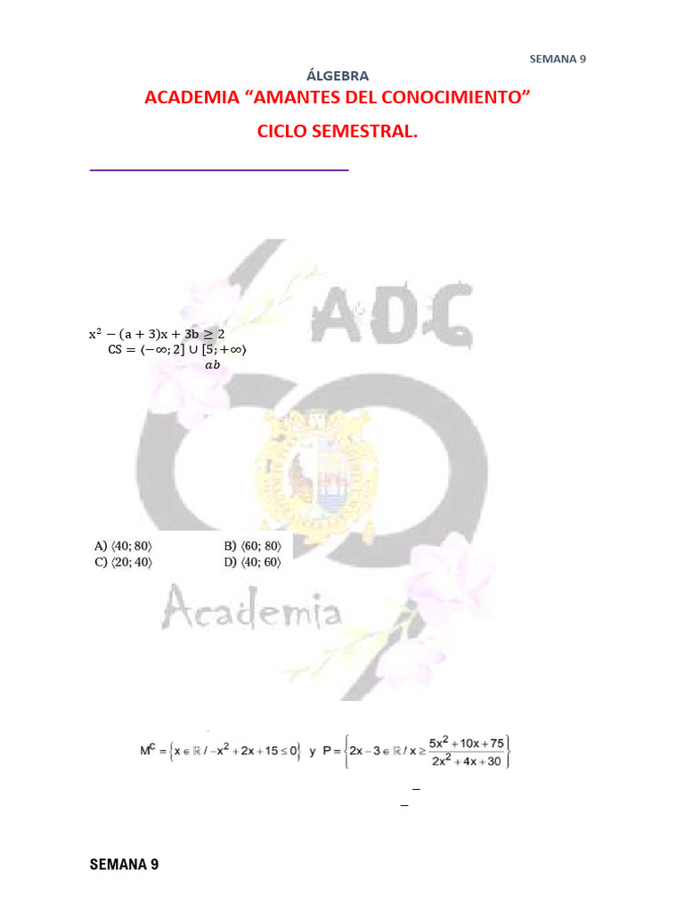 Algebra - Sem. 9 ADC - Ciclo Semestr. - Ejerc - de Clase y Tarea | PDF | Matemáticas