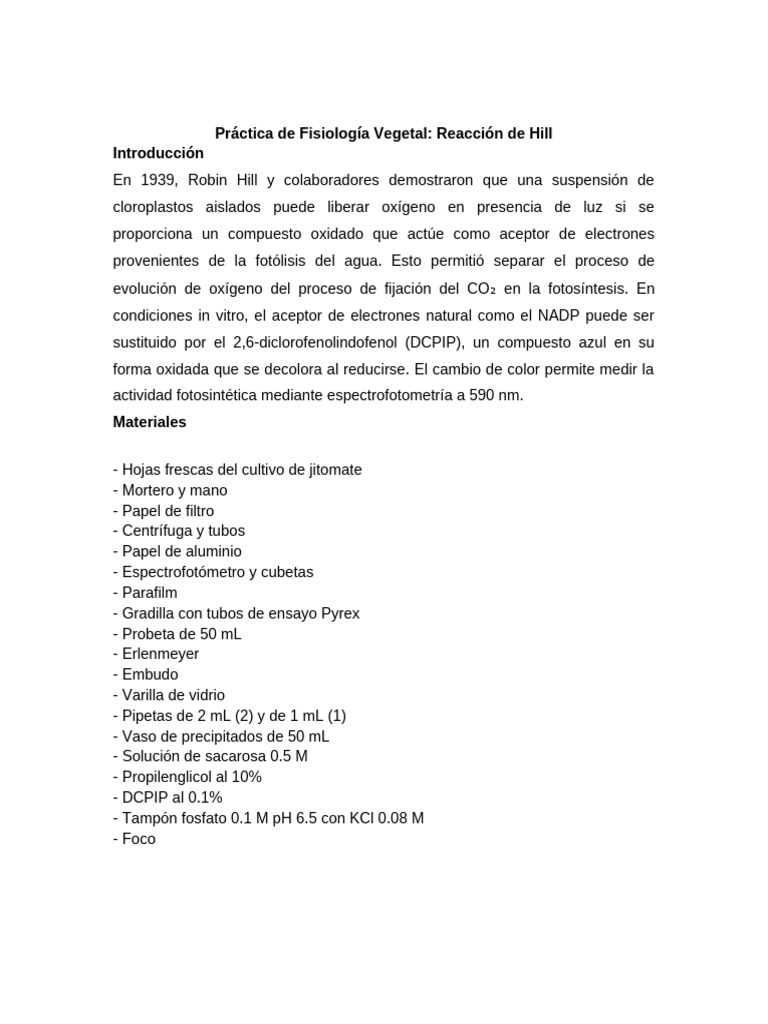 Reacción de Hill: Práctica de Cloroplastos | PDF | Fotosíntesis | Química