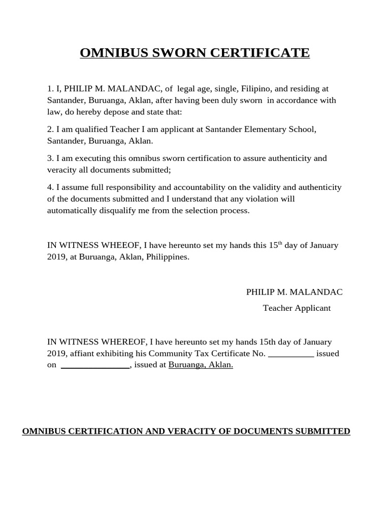 Omnibus Sworn Certificate | PDF