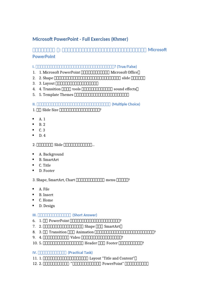 Microsoft PowerPoint All Exercises Khmer | PDF