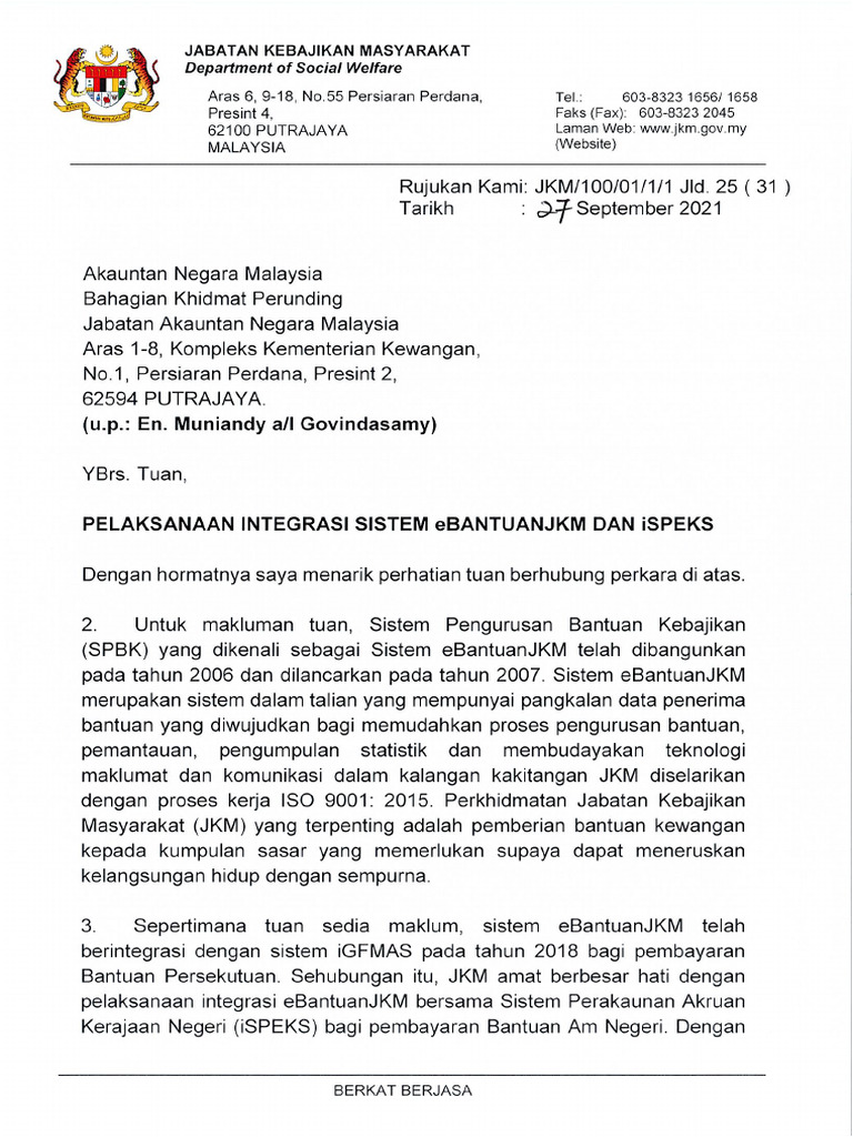 Surat Ke BKP JANM - Pelaksanaan Integrasi EB Dan Ispeks | PDF