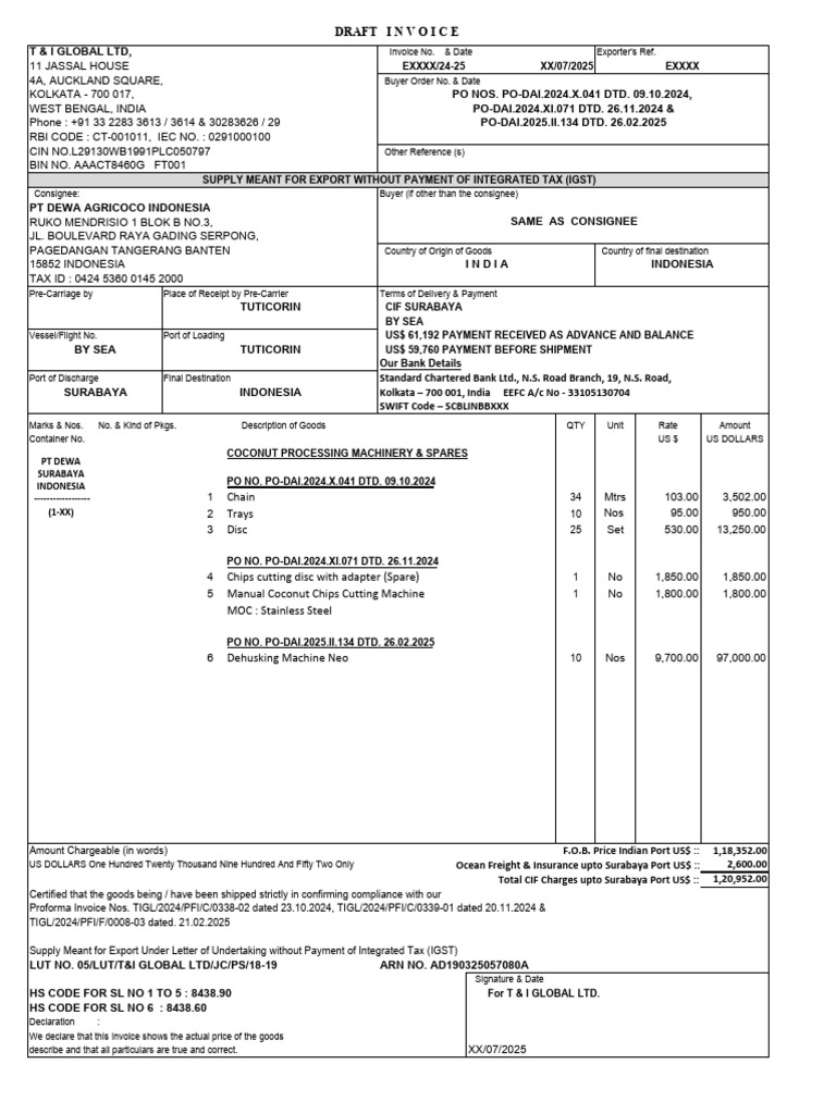 Draft Invoice - De-Husking + Spares | PDF | Supply Chain Management | Freight Transport