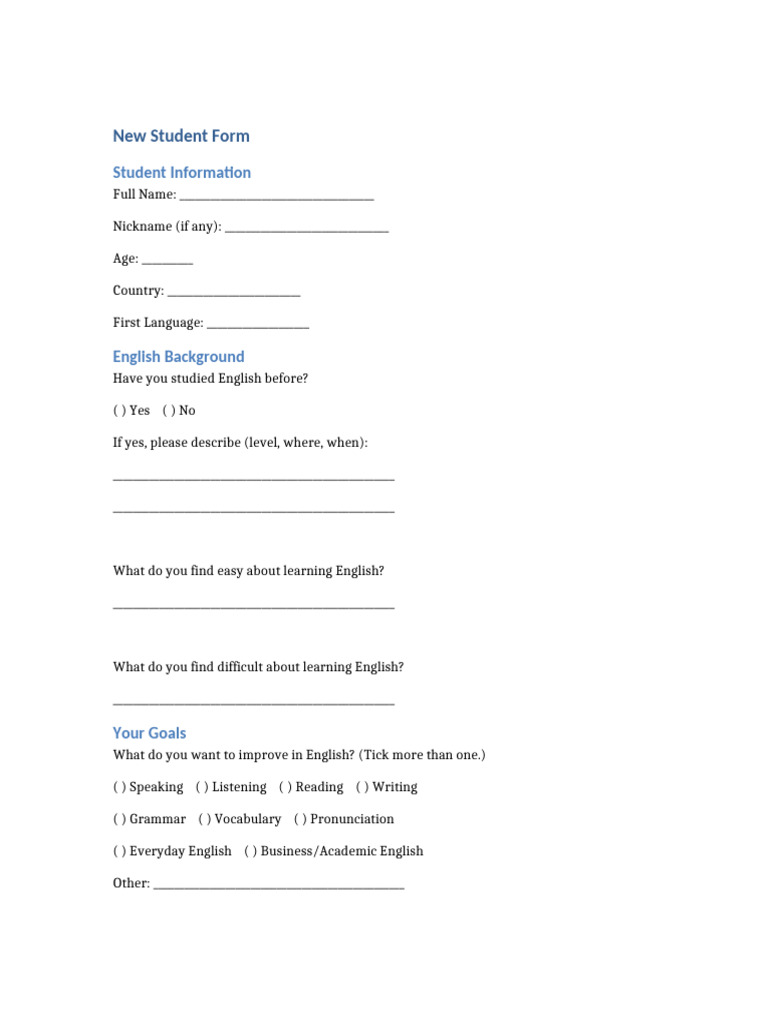 New Student English Learning Form | PDF