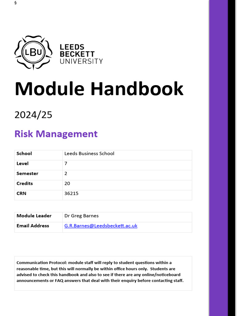 Risk Management Module Handbook 2024/25 | PDF | Academic Integrity | Risk