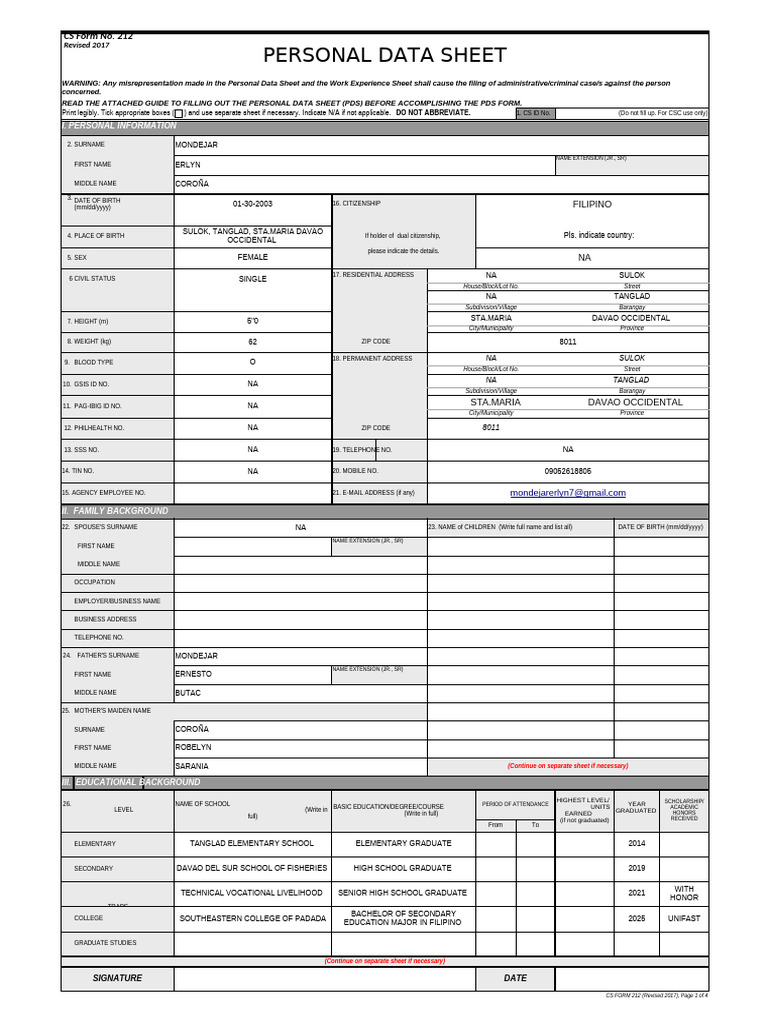 CS Form No. 212 Personal Data Sheet Revised | PDF | Government | Justice
