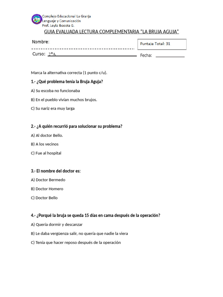 EVALUACIÓN LECTURA COMPLEMENTARIA | PDF