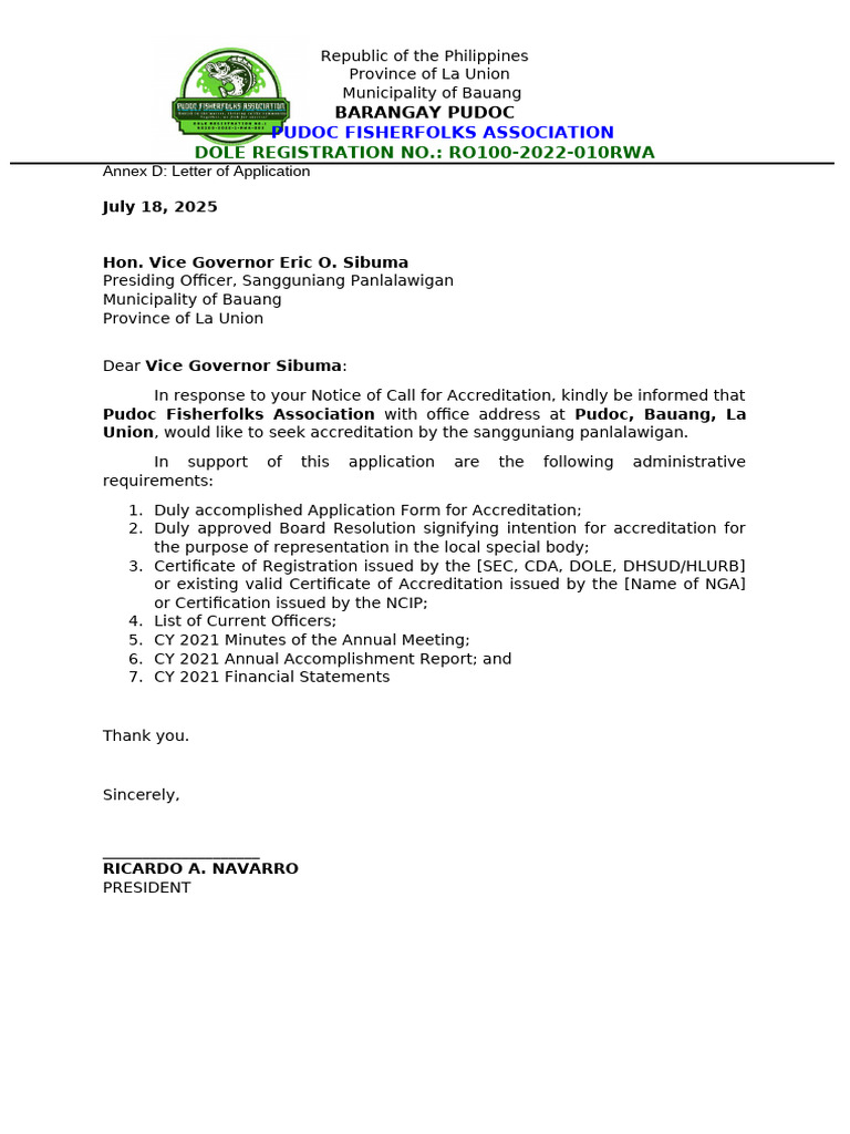 Annex D Letter of Application | PDF